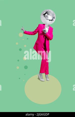 Vertical collage picture of excited girl black white colors hands throw ...