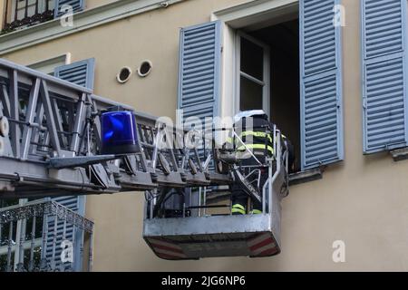 The firefighters' extendable ladder called a ladder truck in extension ...
