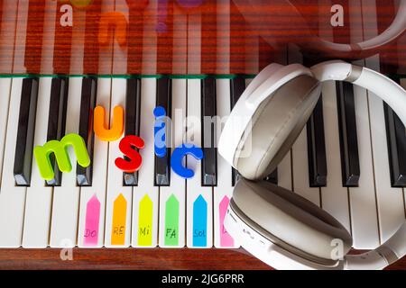 Poster with the word music. Letters and musical notes on the piano ...