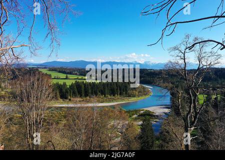 Aerial view of the Litzau Loop in fine weather, The Lech near Burggen ...