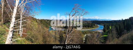 Aerial view of the Litzau Loop in fine weather, The Lech near Burggen ...