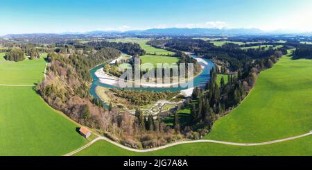 Aerial view of the Litzau Loop in fine weather, The Lech near Burggen ...