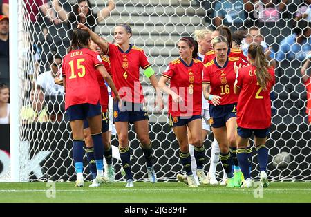 Spain's Irene Paredes celebrates with team mates after scoring her side ...