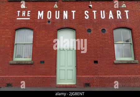 The Mount Stuart (side door view), red brick façade, Cardiff Bay. July ...