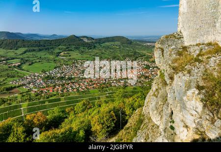 View from the castle ruin Hohenneuffen to the town Neuffen Stock Photo ...