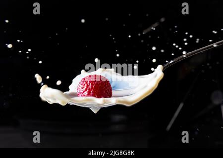 raspberry falls in milk splash Stock Photo - Alamy