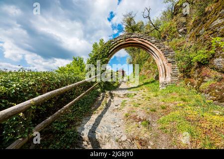 Staircase with archway on the grounds of the Starkenburg Castle ruins ...