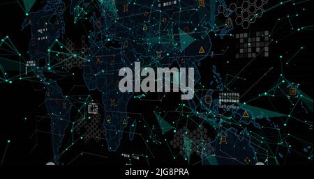 Image of shapes, connections and icons over black background Stock ...