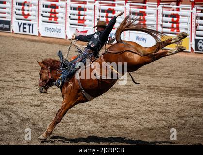 Zeke Thurston, of Big Valley, Alta., rides Art Walls during saddle ...