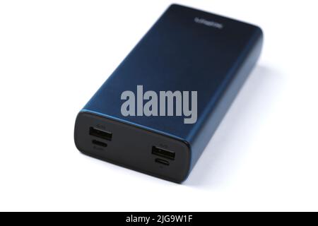 KHARKOV, UKRAINE - MARCH 14, 2021: Xipin blue power bank charger on ...