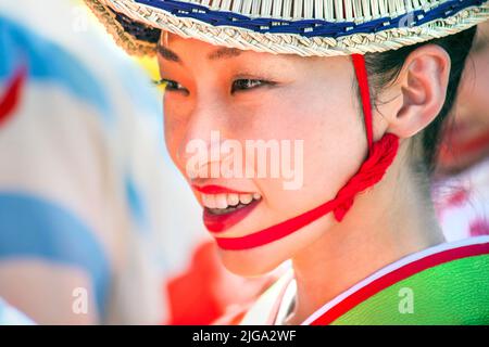 Awa Odori dancer with straw hat, Amigasa, at Yosakoi Matsuri in ...
