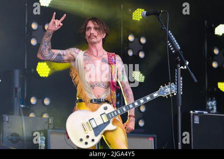Lead singer of The Darkness Justin Hawkins during the Kerrang! Day of ...