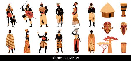 African people. Tribal authentic african characters outdoor landscape ...