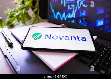 In this photo illustration the Novanta logo seen displayed on a ...