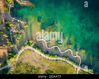 Turquiose Water and Wooden Bridge. Aerial Landscape. Park Grodek in ...