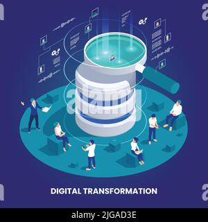 Digital transformation and digitalization isometric composition with globe and computer network ...