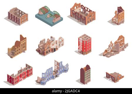 Destroyed buildings. Damaged urban isometric architectural objects bad ...