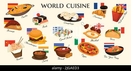 Cuisine world flags set with isolated country flag icons with text ...