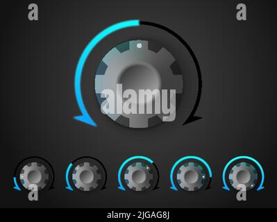 Volume knobs, round adjustment dial. Regulator level and analog buttons, Min Max music sound ...