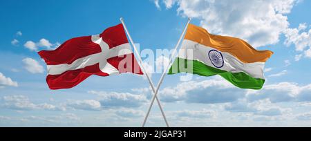 India and Denmark Flags Crossed And Waving Flat Style. Official ...
