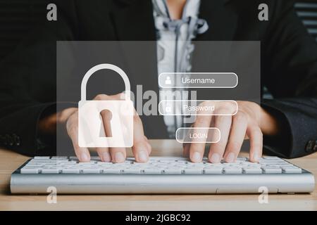 Internet security concept with woman typing password on keyboard Stock ...
