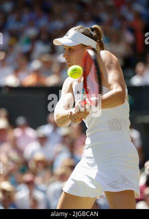 Kazakh tennis player Elena Rybakina playing a forehand at the Wimbledon ...