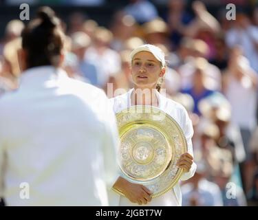 Kazakh tennis player Elena Rybakina playing a forehand at the Wimbledon ...