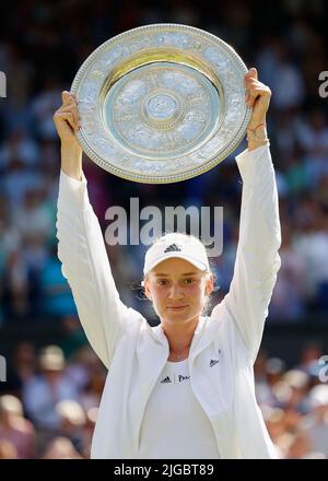 Kazakh tennis player Elena Rybakina playing a forehand at the Wimbledon ...