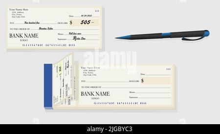 Cheque book and ink pen isolated on white background. 3D illustration ...