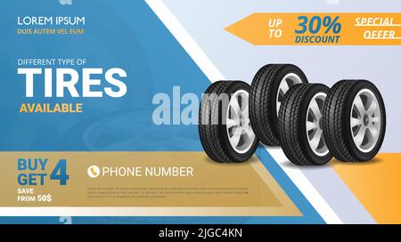 Car tires shop banner with discount offer, yellow background. Brochure ...