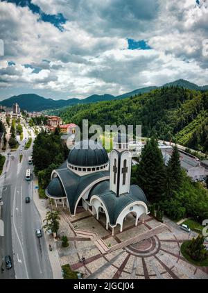 Aerial view of Church of Saint Vissarion Smolenski and planetarium in ...