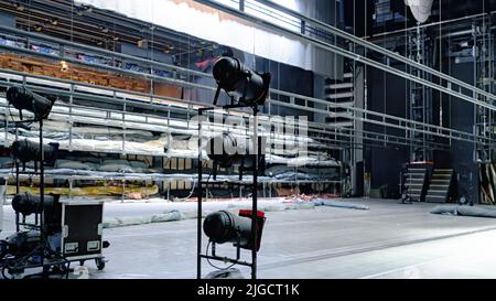 Backstage of the theater stage. Change of scenery on the stage of the ...