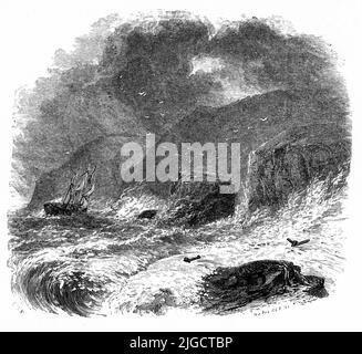 Sailing ship wrecked on rocks. Victorian woodcut engraving dated 1890 ...