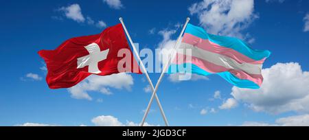 two crossed flags transgender Pride and Saudi Arabia waving in wind at ...