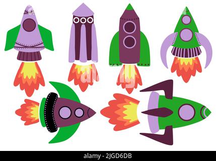 Set cartoon spaceship for stickers and kids and hobbies and school ...