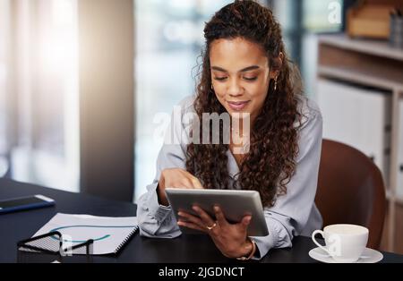 Woman using digital tablet with feedback management concept on ...