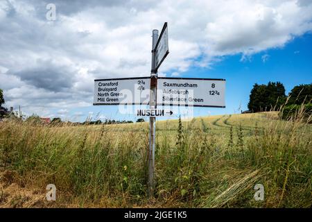 Roadside sign in Parham a Suffolk village advertising a July Sunday ...