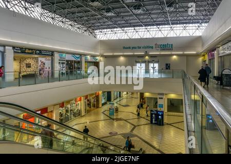 The interior of The Centre shopping centre at Cumbernauld New Town in ...
