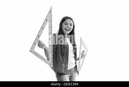 education for child. mathematics. smiling teen girl hold triangle. back ...