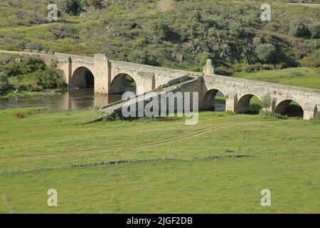 Historical bridge over the Rio Almonte, Extremadura, Spain Stock Photo ...