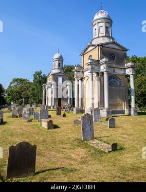 The historic Mistley Towers in the village of Mistley in Essex, UK. The ...