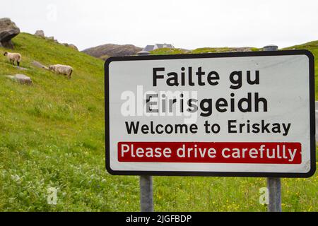 Welcome to Eriskay/Failte gu Eirisgeidh sign, at the end of the Eriskay ...