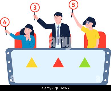Competition jury. Contest judges with score panels at table, judging ...