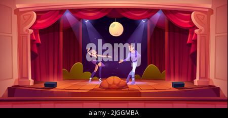 Ballet dancers perform on theater scene. Ballerina and man artist wear ...
