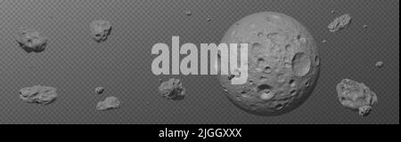Stone asteroid belt realistic vector illustration. Meteor, space ...