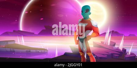 Martian alien cartoon character wear superhero costume stand with arm ...