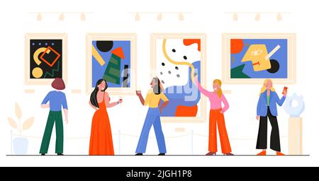 Exhibition Visitors Viewing a Gallery with Modern Abstract Painting at ...