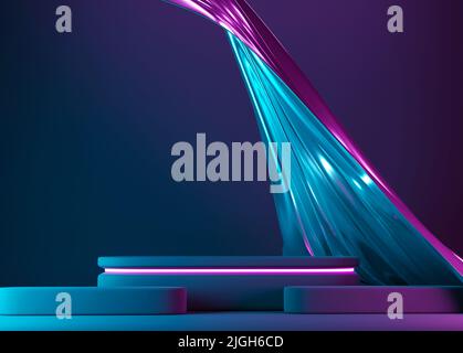 Neon, blue and pink podium background with abstract wavy cloth, folded ...