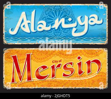 Retro Poster Alanya landmark, Turkey resort, sunset skyline. Vintage ...