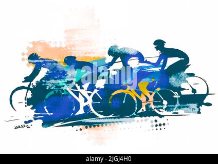 Cycling race, green silhouettes. Expressive stylized drawing of a group ...